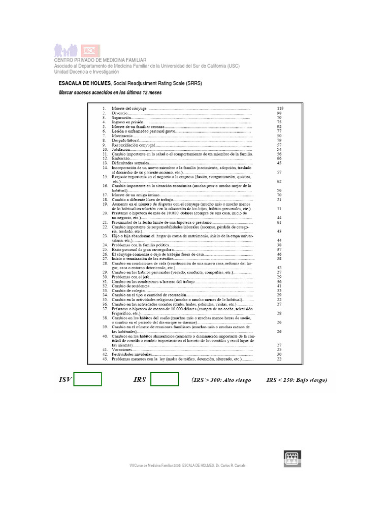 Escala de Holmes | PDF | Especialidades Medicas | Cuidado de la salud