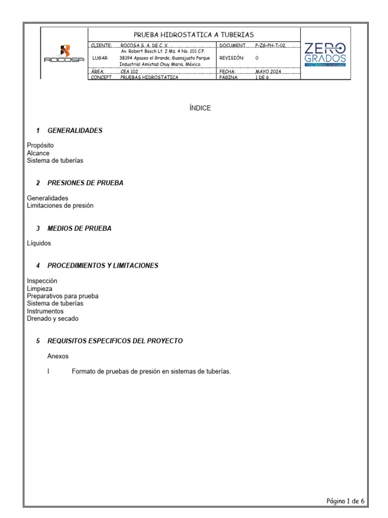 Procedimiento Pruebas Hidrostaticas - Tuberia | PDF | Presión | Agua