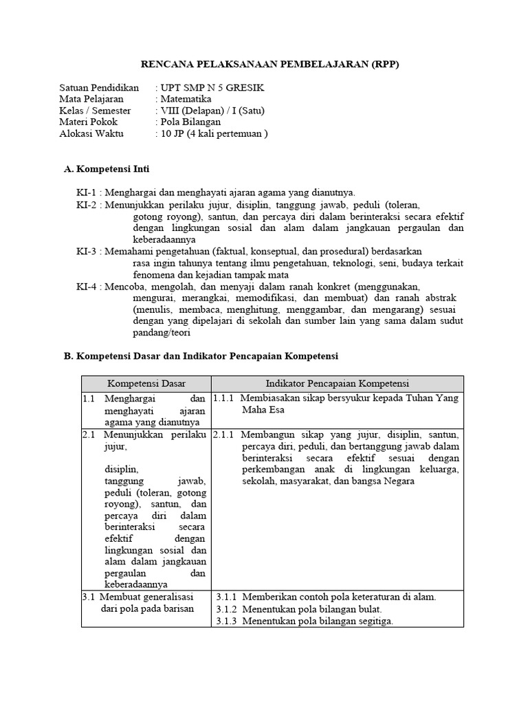 RPP Matematika Pola Bilangan | PDF