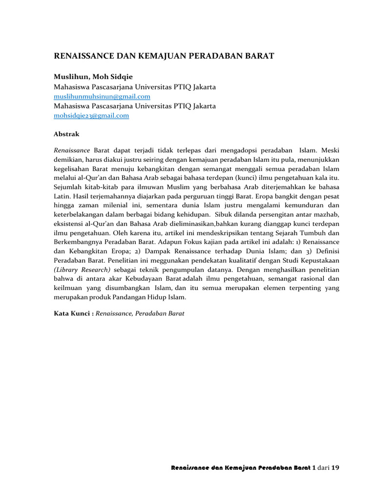 Renaissance Dan Kemajuan Peradaban Barat (Muslihun Dan Moh Sidqie) | PDF