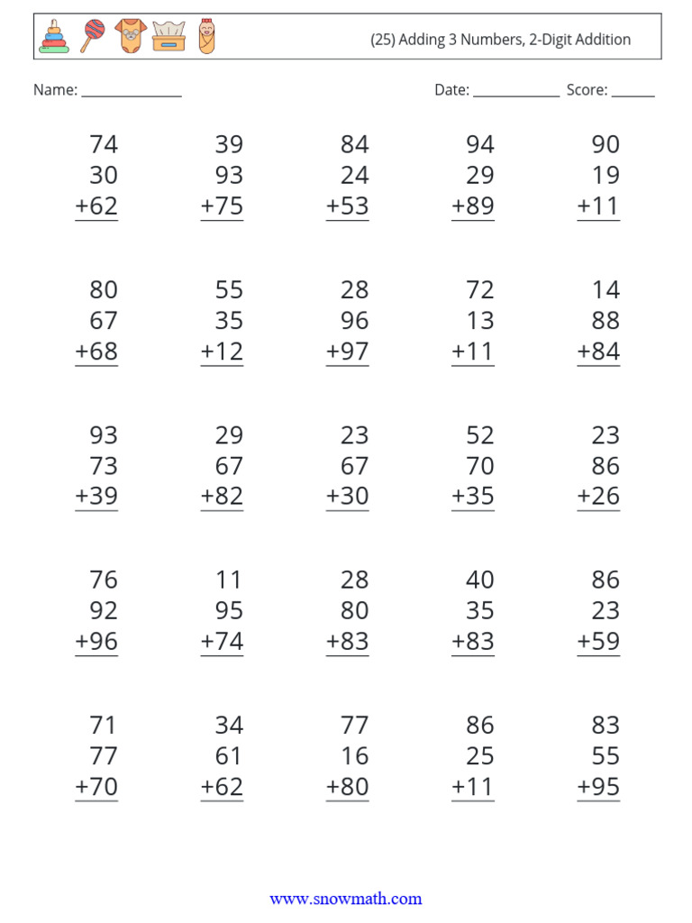 Adding 3 Numbers, 2 Digit Addition 1QA | PDF