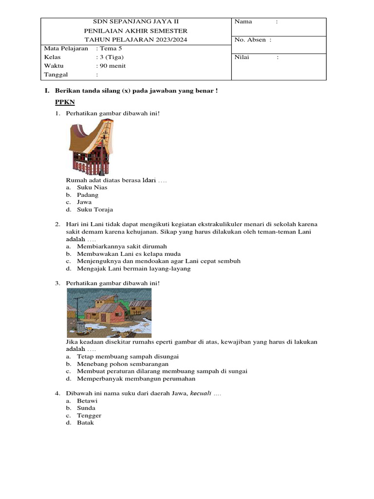 PDF Soal Pas Kelas 3 Tema 5 Semester 2 Tahun Ajaran 2023 2024 - Compress | PDF