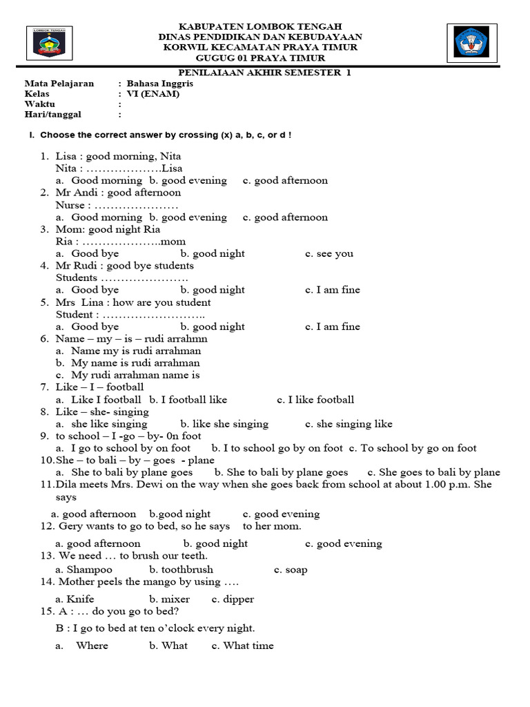 Soal Bahasa Inggris Kelas 6 Semester Ganjil 2023 | PDF