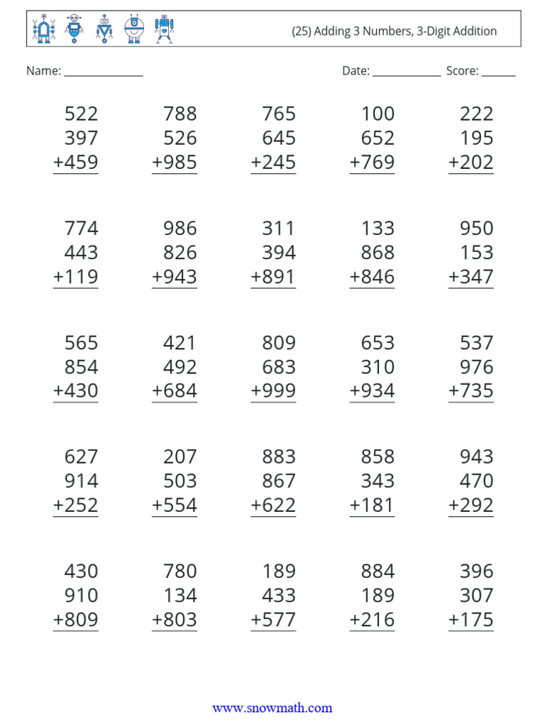 Adding 3 Numbers, 3 Digit Addition 6QA | PDF