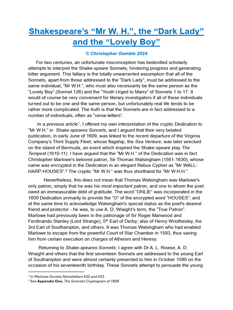 Shakespeare's MR W.H., The Dark Lady and The Lovely Boy (Revised 2024 ...