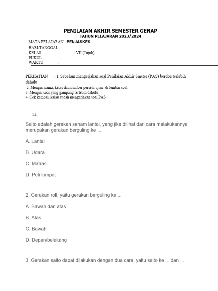 Soal Pas Pjok Kelas VII Semster 2 Pjok | PDF