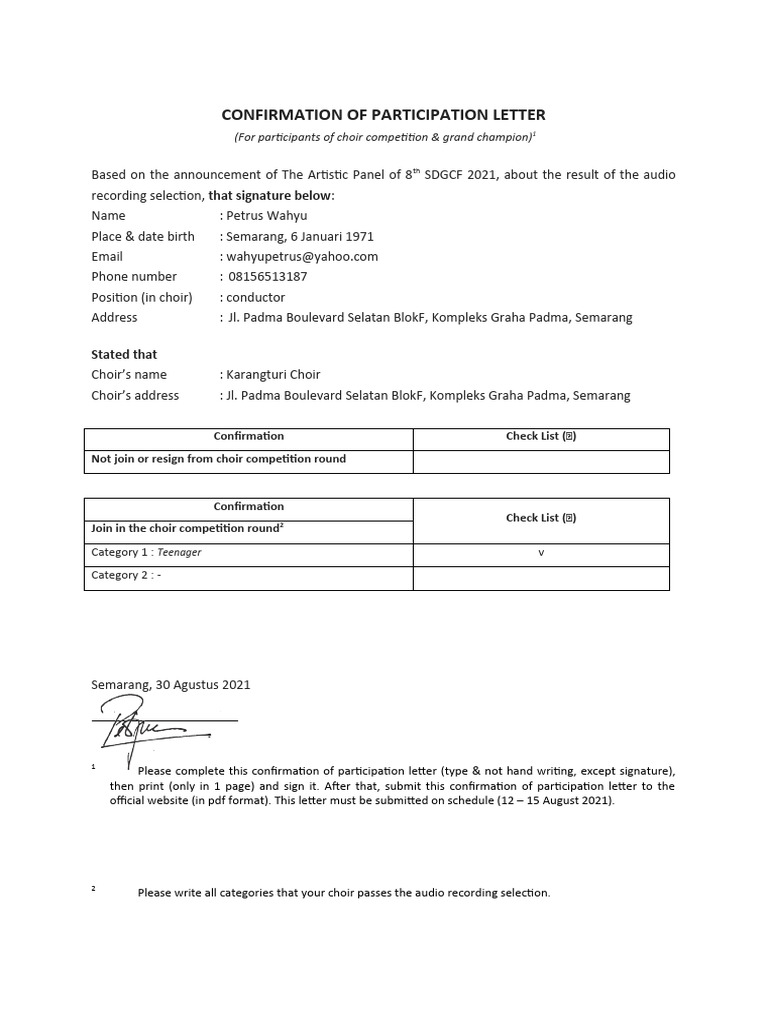 Confirmation of Participation Letter (Choir Competition _ Grand ...