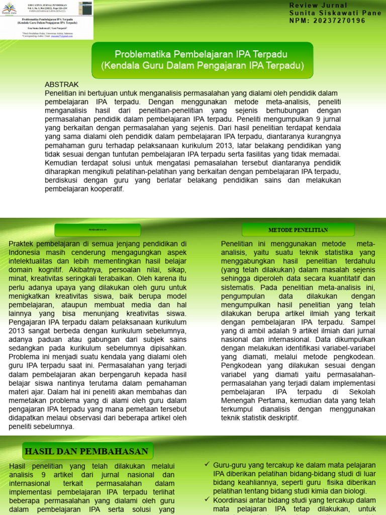 Review Jurnal SUNITA Problem Pembelajaran MIPA | PDF | Karier & Perkembangan