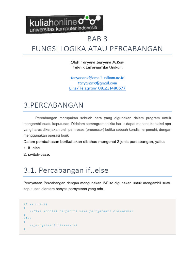 Bab 3 FUNGSI LOGIKA ATAU PERCABANGAN | PDF