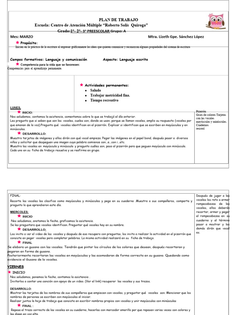 Planeacion Las Vocales | PDF | Educación de la primera infancia | Escritura
