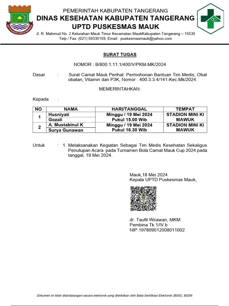 Surat Tugas Tim Medis Kesehatan Sekaligus Penutupan Acara Pada Turnamen ...