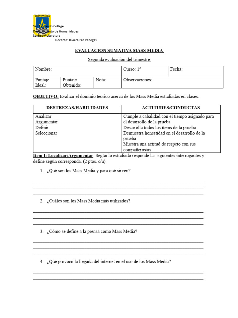 Evaluación sobre Mass Media e Internet | PDF | Medios de comunicación ...