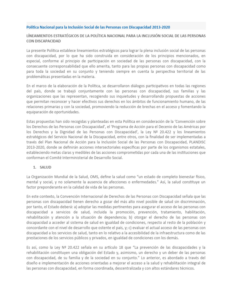 Política Nacional para la Inclusión Social de las Personas con Discapacidad 2013 | Descargar ...