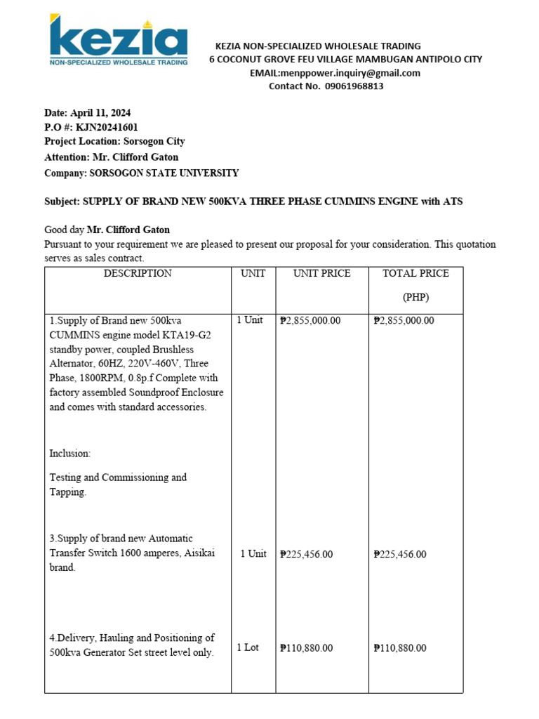 University Generator Supply Proposal | PDF | Warehouse | Damages