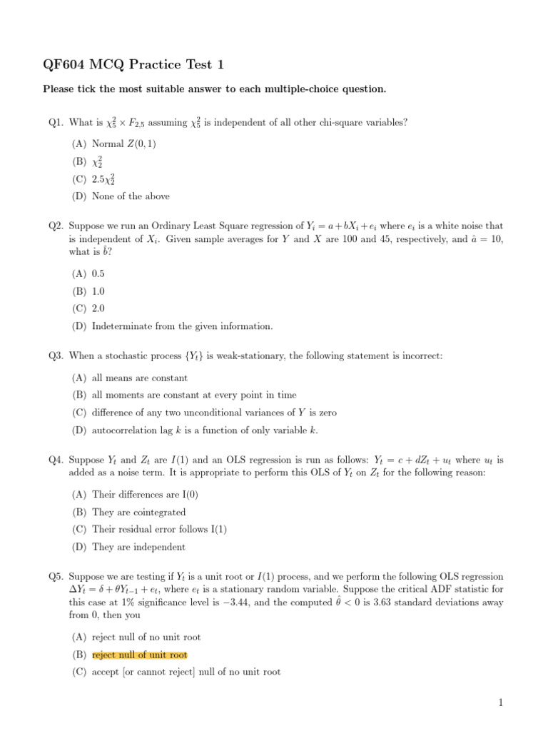 #Q604 MCQ Practice Test 1 | PDF | Ordinary Least Squares | Regression ...