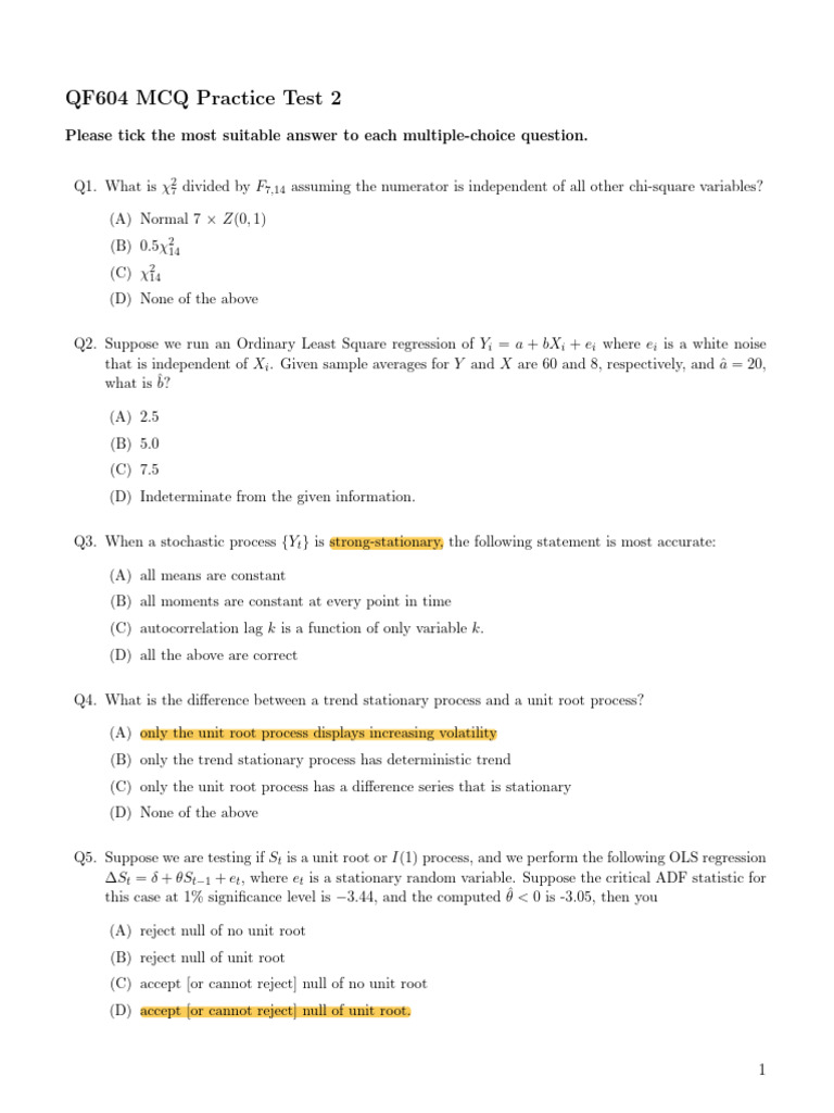 #Q604 MCQ Practice Test 2 | PDF | Regression Analysis | Ordinary Least ...