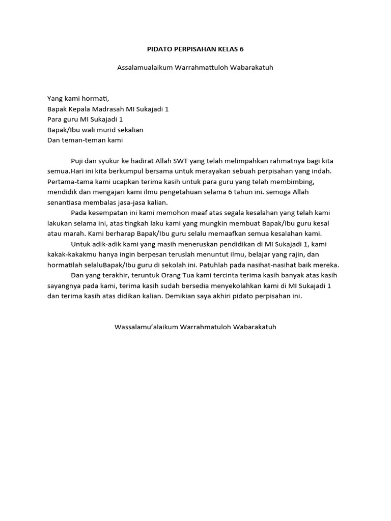 Pidato Perpisahan Kelas 6 MI Sukajadi | PDF