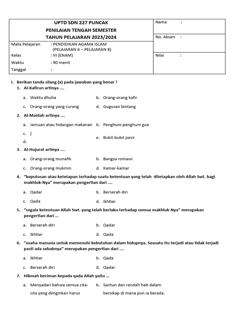 Soal PTS Pai SD Kelas 6 Sem 2 Ok | PDF