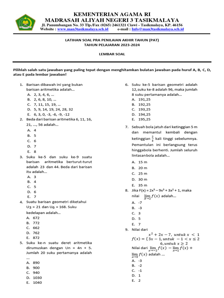2023 2024 Naskah Latsol Pra Sas Genap Matematika Wajib Xi | PDF