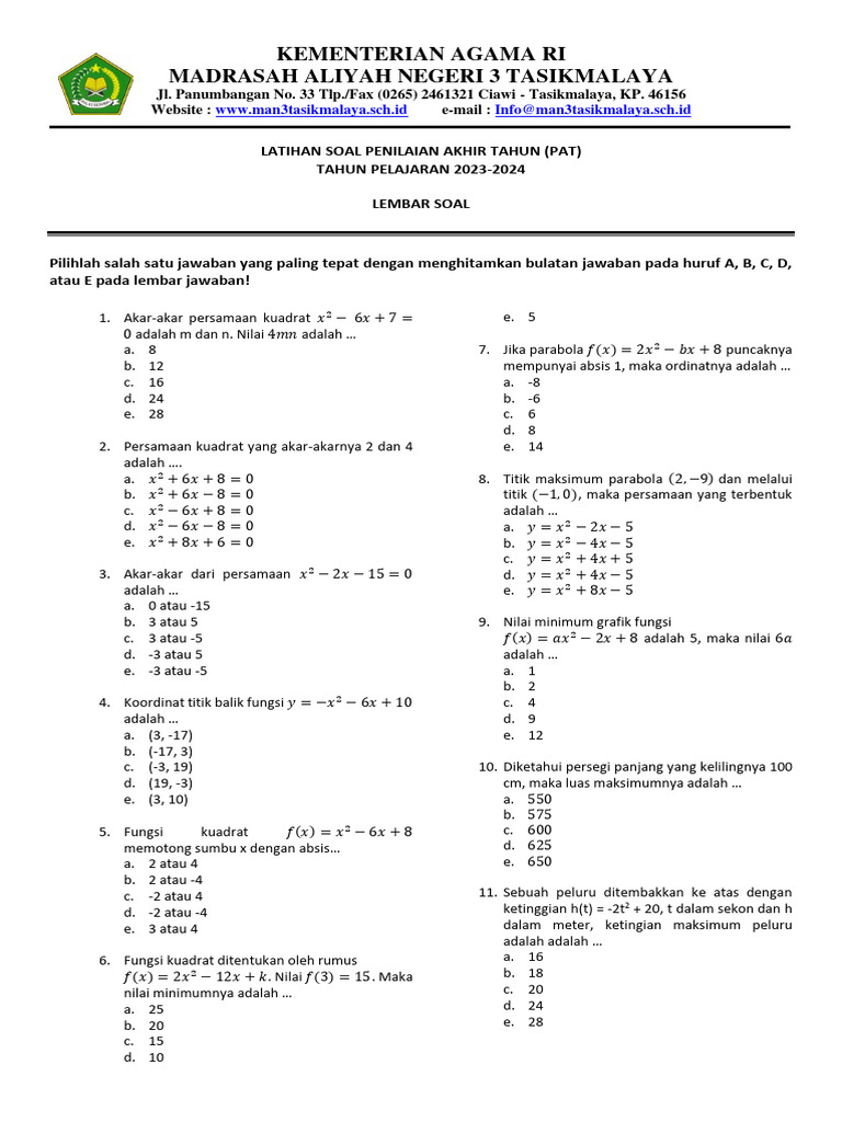 2023 2024 Naskah Latsoal Pra Sas Genap Matematika Wajib X | PDF