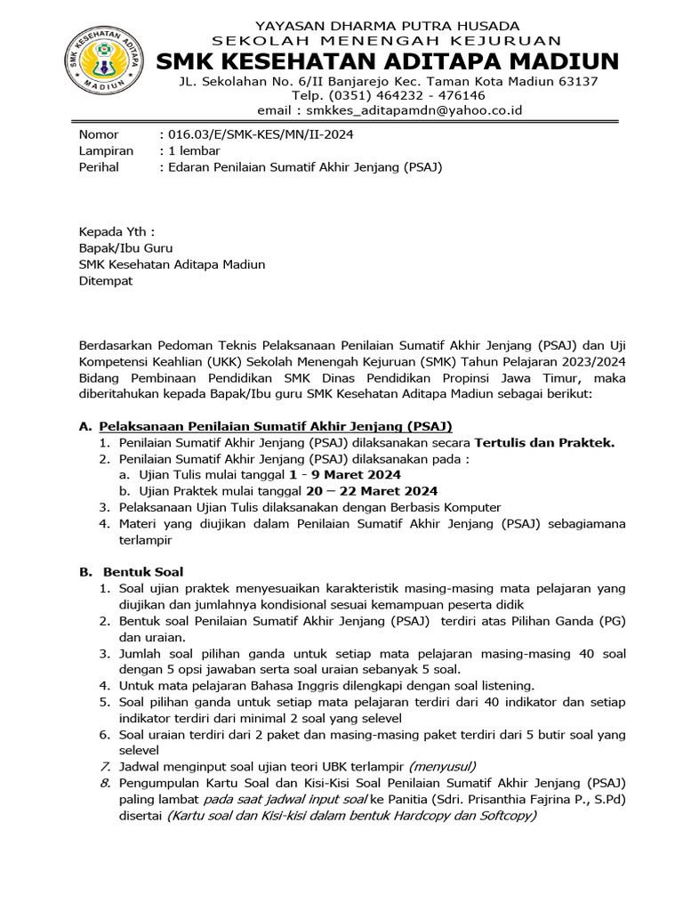 Surat Edaran PSAJ 2024 - Guru | PDF