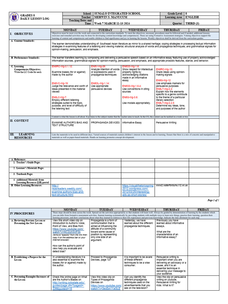 DLL-ENG8-3RDQ Week7 | PDF | Learning | Propaganda