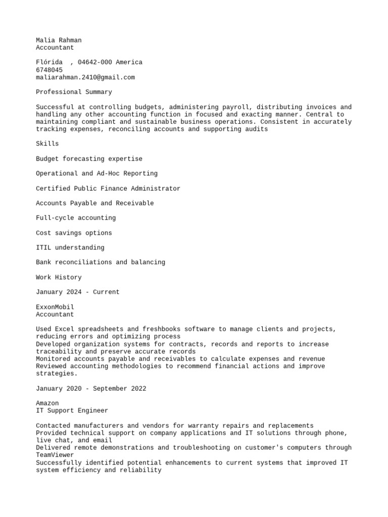 Malia Rahman Resume | PDF | Accounts Payable | Accounting