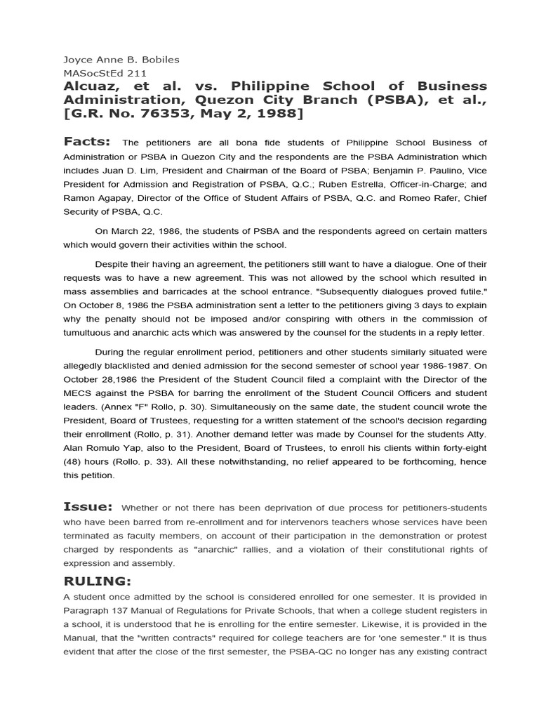 Alcuaz, Et Al. vs. Philippine School of Business Administration, Quezon ...