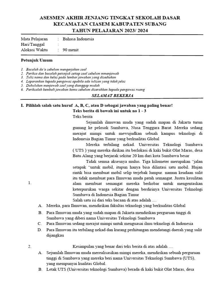 Soal Assesment Sumatif Bahasa Indonesia Kelas 6 | PDF