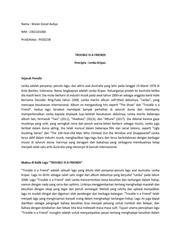 Makna Lagu "Trouble is a Friend" | PDF