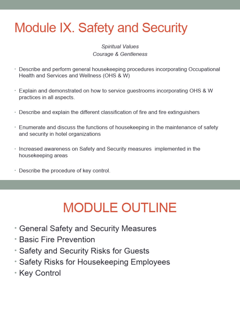 Module IX Safety and Security | PDF | Occupational Safety And Health | Housekeeping