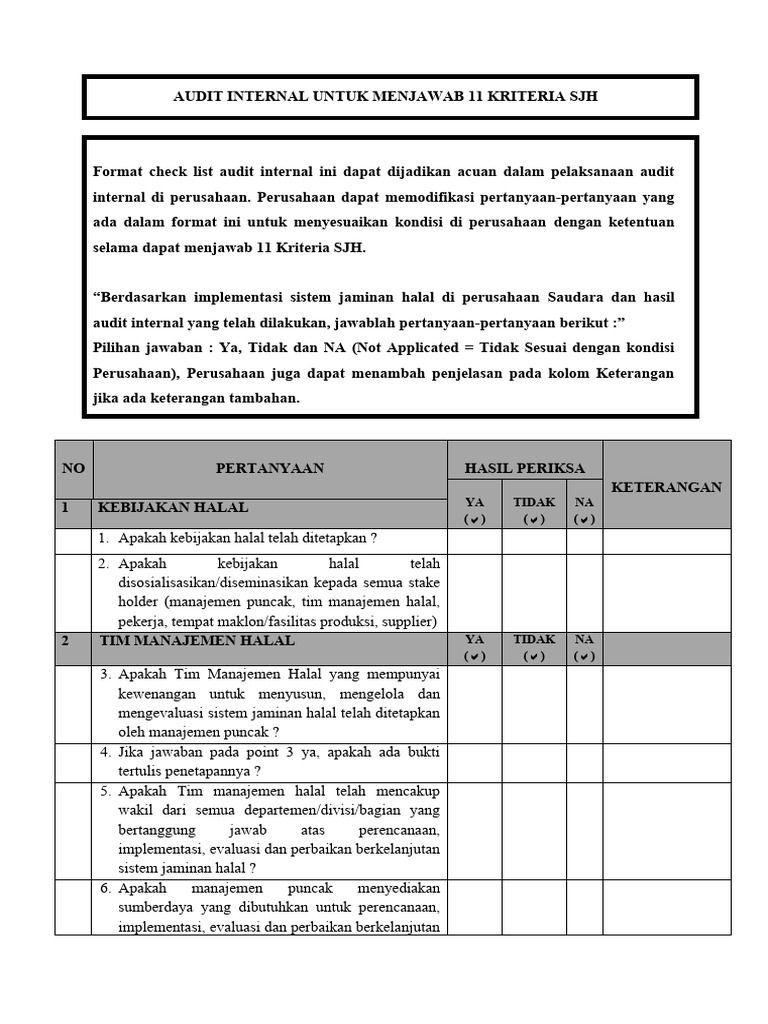 Contoh Check List Audit Internal SJH | PDF