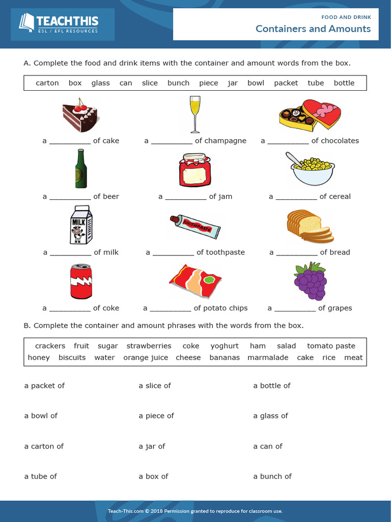 Containers and Amounts for ESL Teaching | PDF