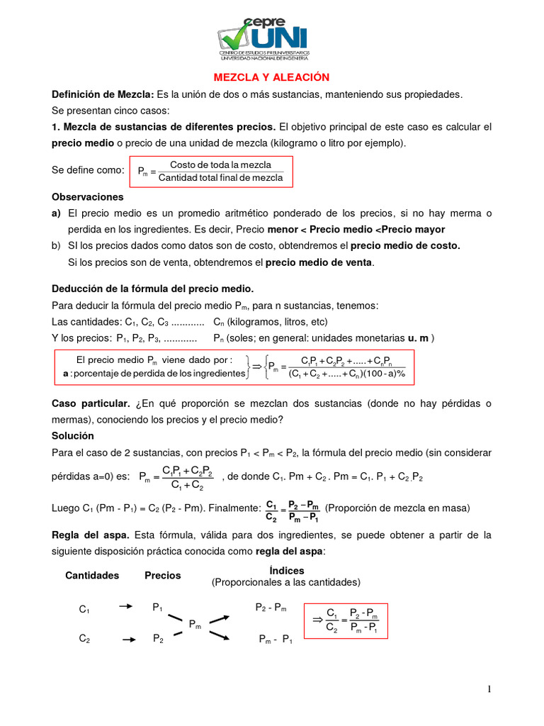 TEORÍA MEZCLA ALEACIÓN Cepreuni | PDF | Matemáticas
