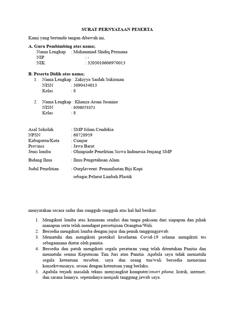 Surat Pernyataan Peserta Opsi | PDF