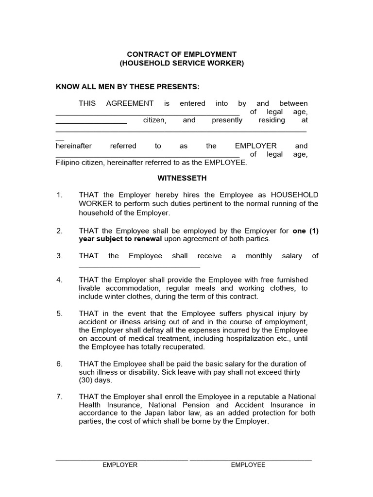Household Service Worker Contract | PDF | Employment | Sick Leave