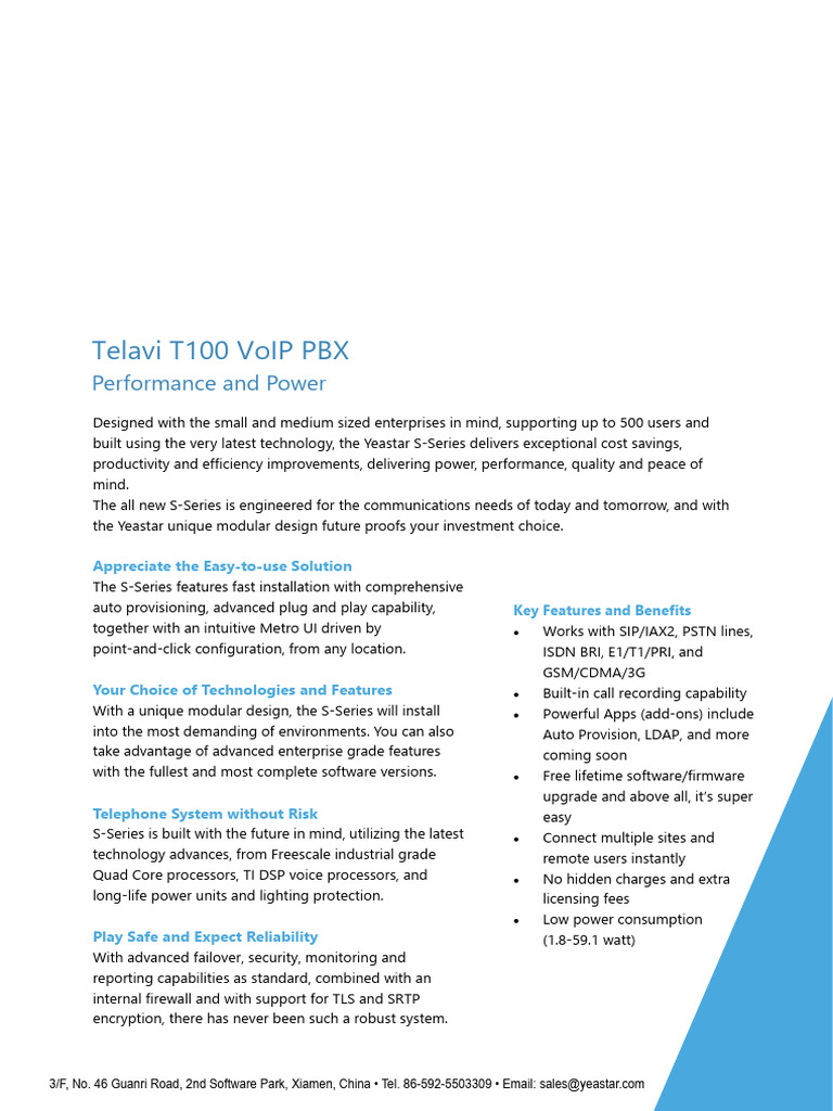 Telavi T100 PBX Datasheet | PDF | Session Initiation Protocol | Voice Over Ip