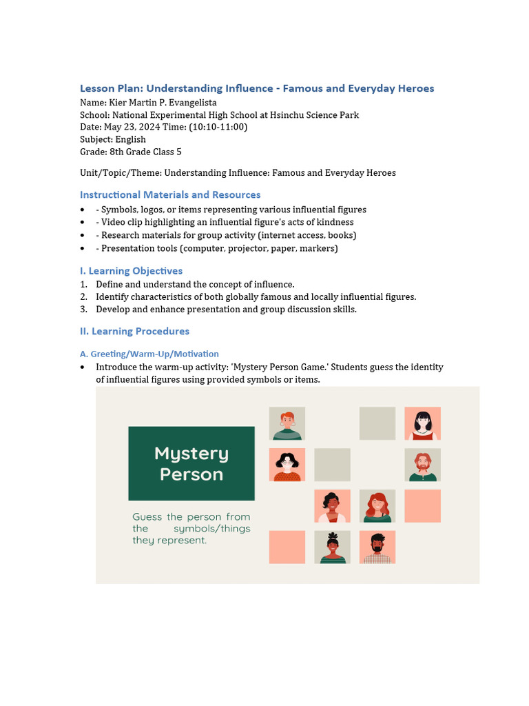 Understanding Influence Lesson Plan | PDF | Lesson Plan | Learning