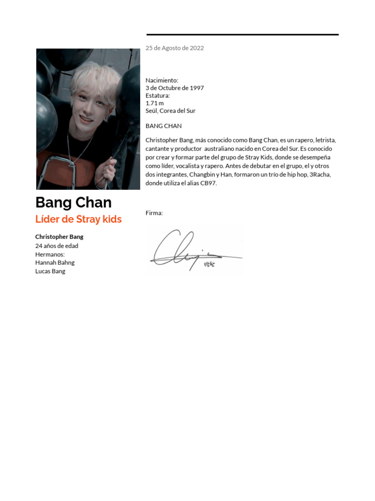 Biografía de Bang Chan, líder de Stray Kids | PDF