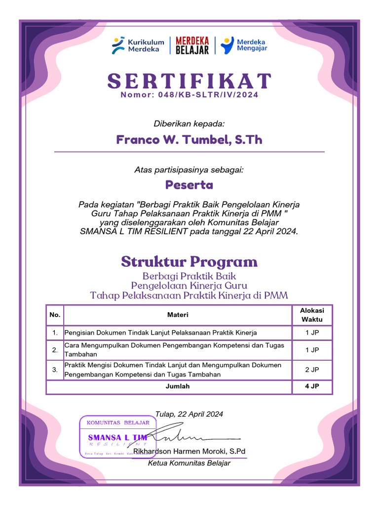 Contoh Sertifikat Peserta Berbagi Praktik Baik | PDF