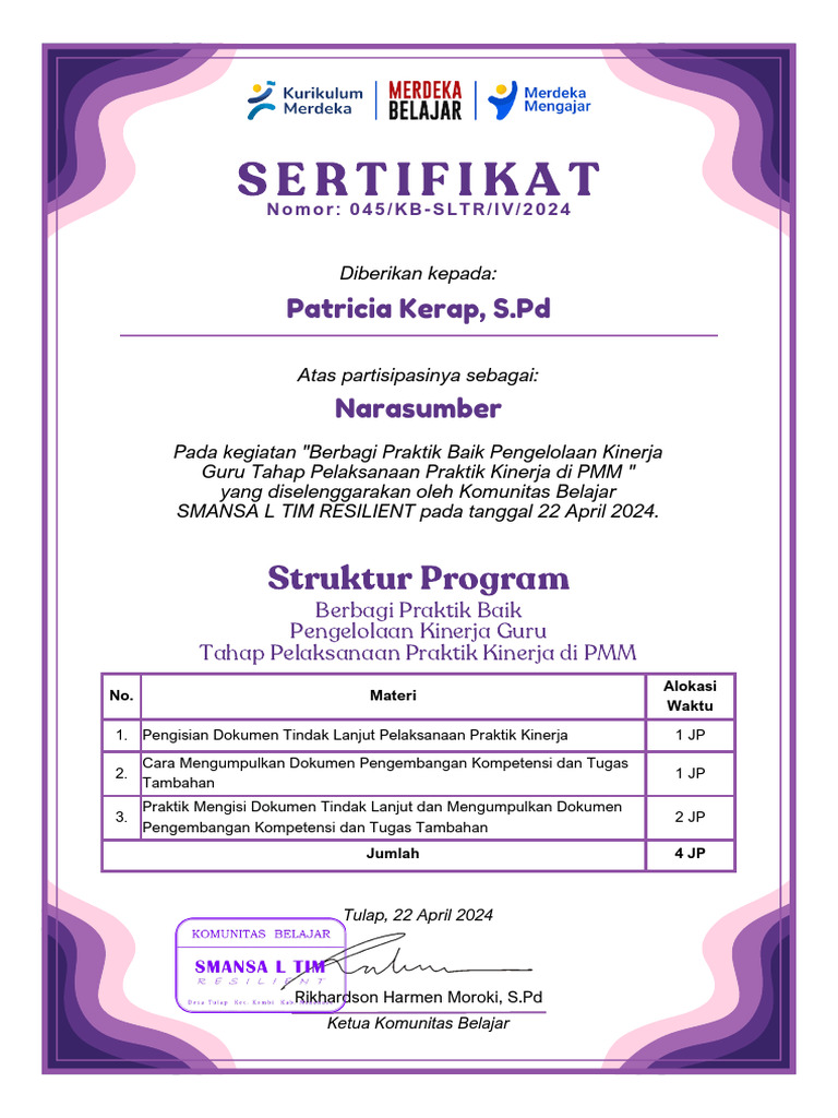 Contoh Format Sertifikat Narasumber | PDF | Karier & Perkembangan | Pengembangan Diri