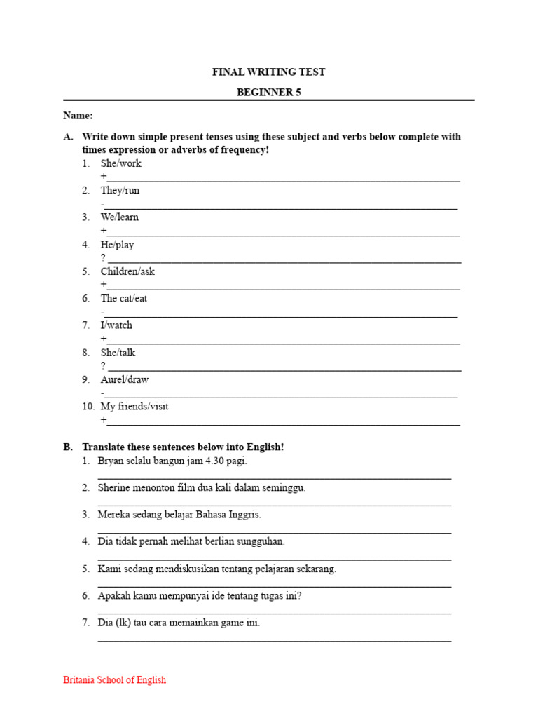 Final Writing Test Beginner 5 | PDF | Linguistic Typology | Linguistic ...
