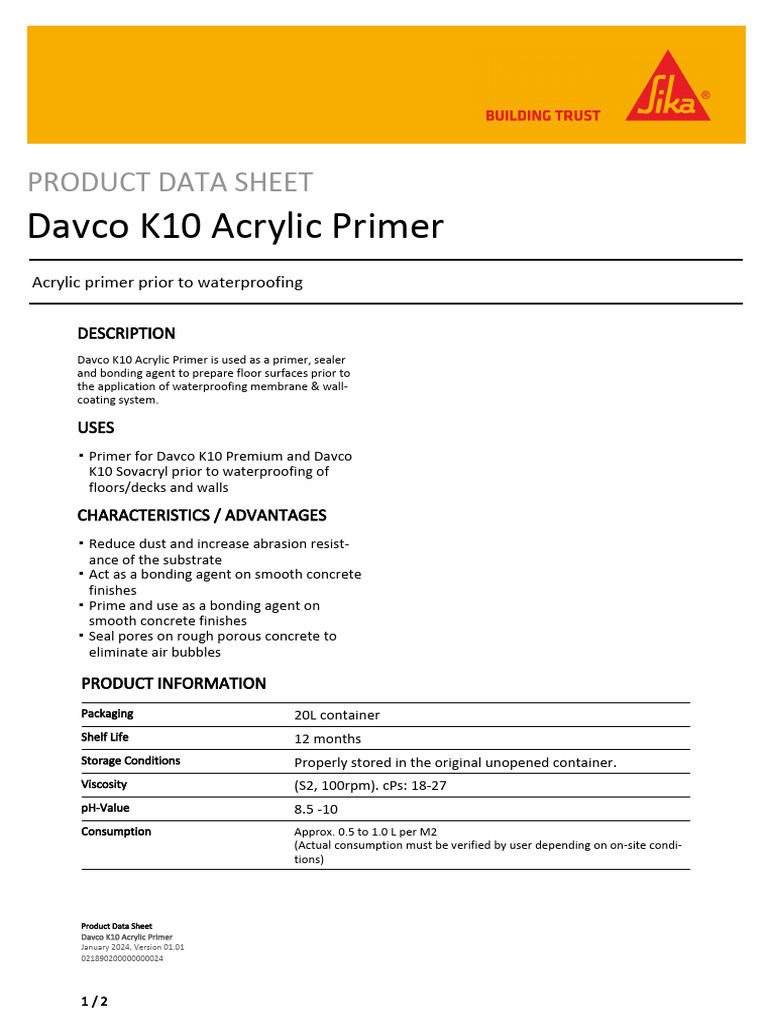 Pds Davco k10 Acrylicprimer | Download Free PDF | Concrete | Industrial ...