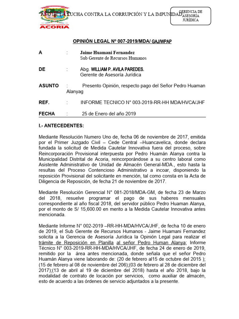 OPINION LEGAL Nº006 Pago Del Señor Pedro Huaman Alanaya | PDF | Gobierno
