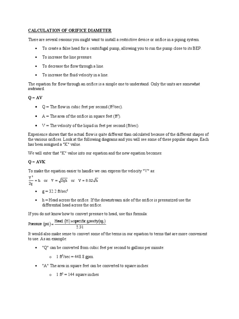 Orifice Diameter Calculation Guide | PDF | Fluid Dynamics | Dynamics ...