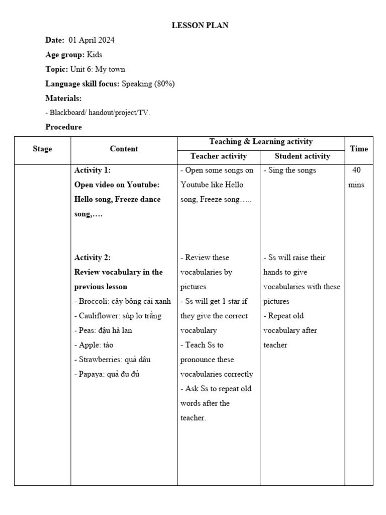 Lesson Plan U6 My Town | PDF | Vocabulary | Learning