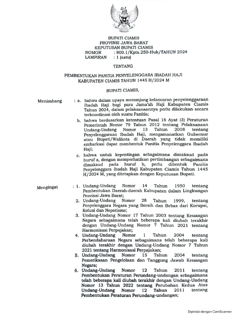 SK Bupati Tentang Pembentukan Panitia Penyelenggara Ibadah Haji Kab. Ciamis Tahun 2024 | PDF