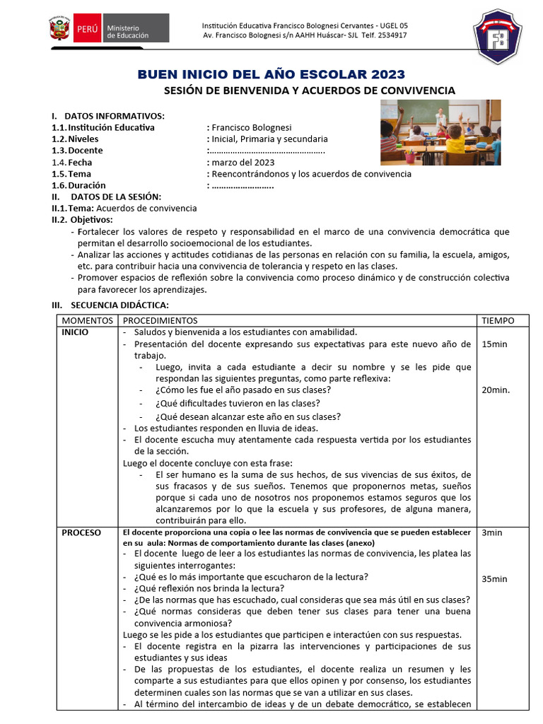 Sesion de Bienvenida Del Buen Inicio Del Año Escolar 2023 | PDF | Salón ...