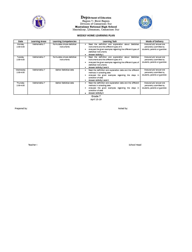 WEEKLY HOME LEARNING PLAN WEEK 1 | Download Free PDF | Statistics | Cognition