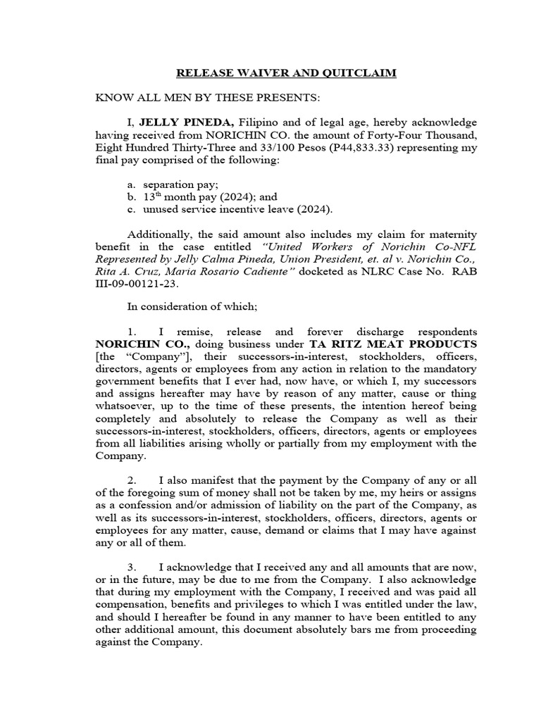 Employee Release and Waiver Form | PDF | Private Law | Justice